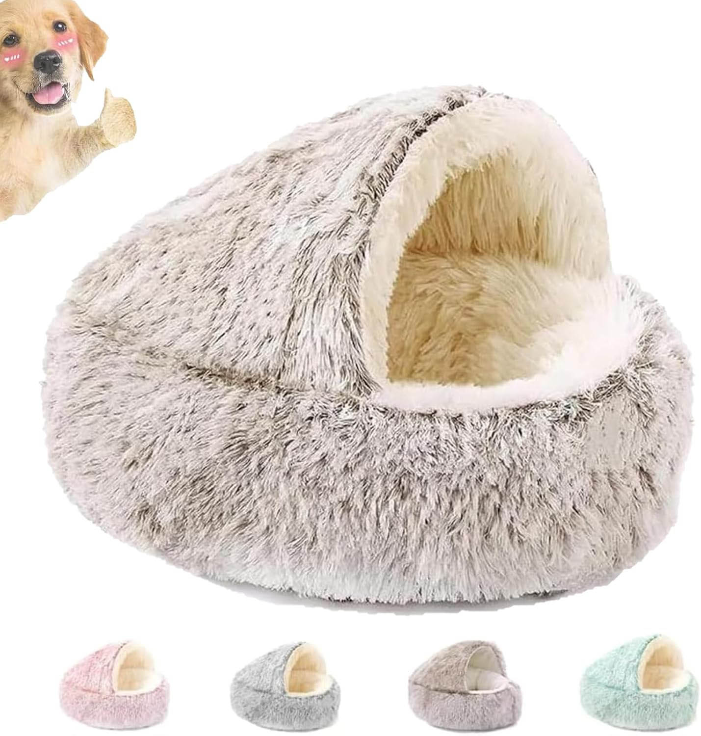 2026 New Plush Hooded Cat Bed, 27.5In Round Plush Fluffy Hooded Cat ...