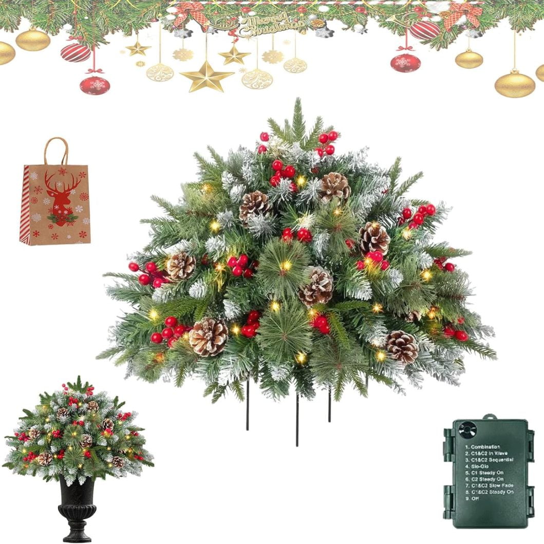 2026 New Pre-Lit Artificial Christmas Tree Urn Filler with Tripod Stake ...