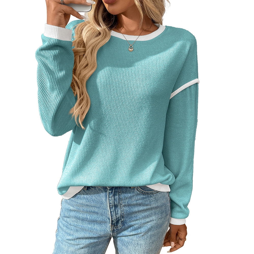 2026 New Round Neck Faux Sweater Long Sleeve Color Block Loose Top ...