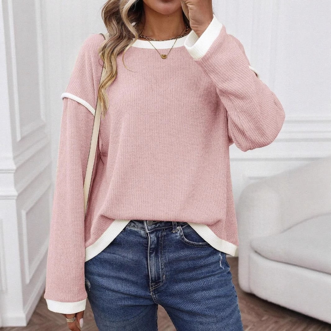 2026 New Round Neck Faux Sweater Long Sleeve Color Block Loose Top ...