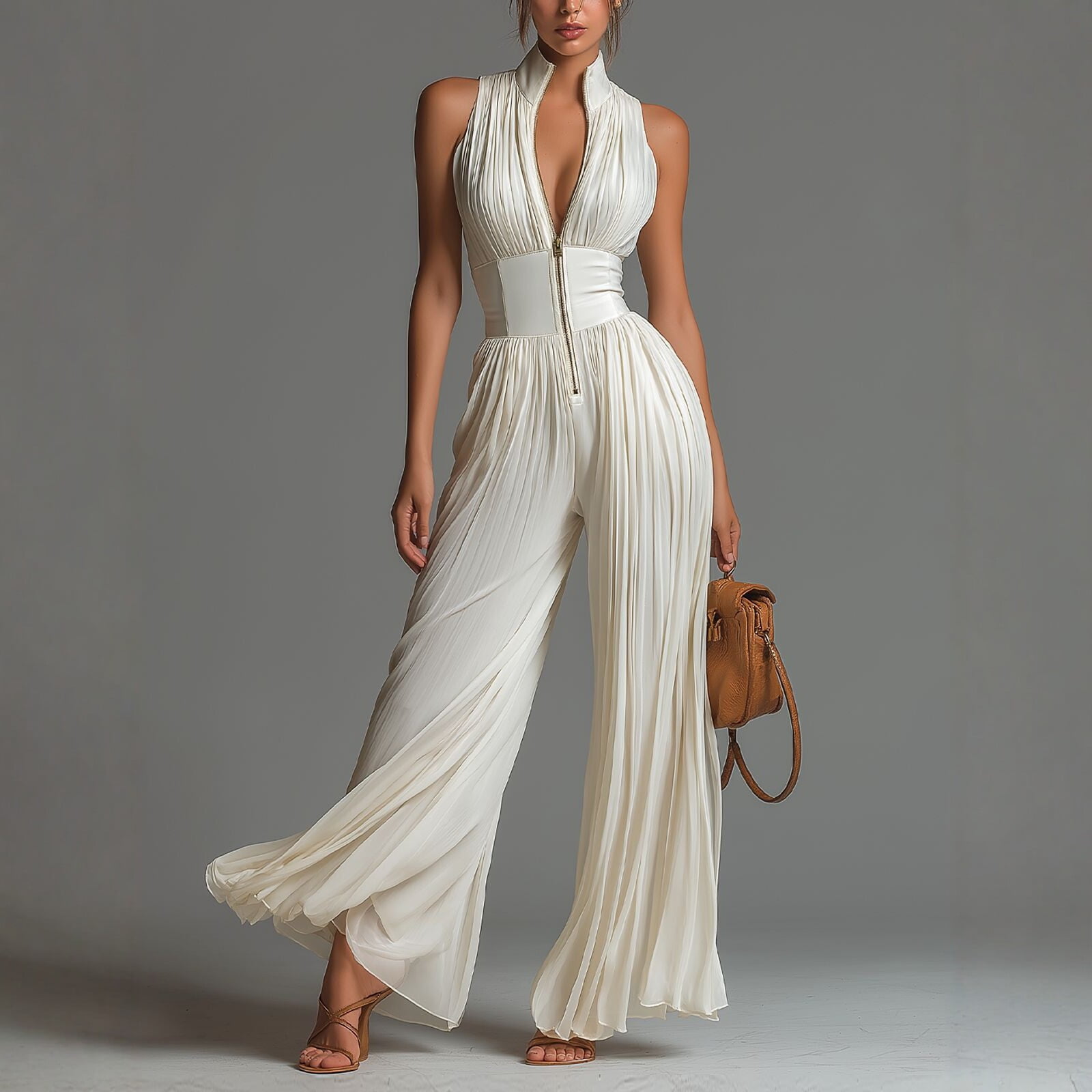 2026 New Simple and Elegant White Pleated Halter Neck Jumpsuit for ...