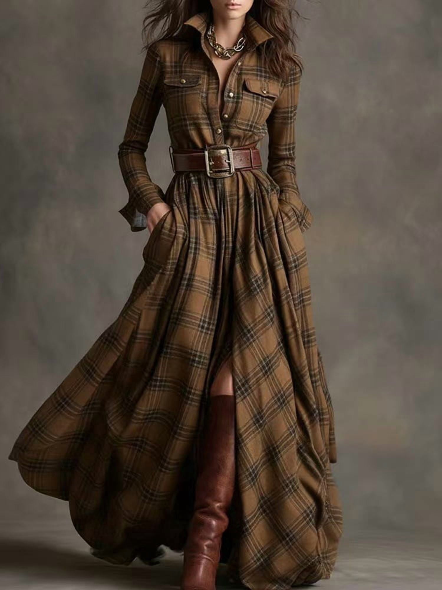 2026 New Vintage Plaid Button-Down Maxi Dress with Waist Belt, Long ...