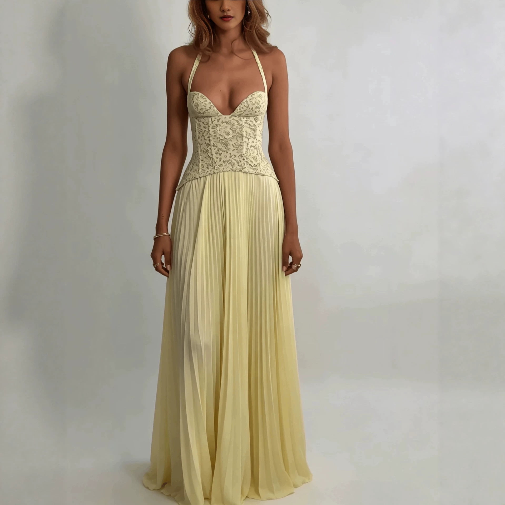 2026 New Women's Avocado Green Lace Halter Corset Pleated Maxi Dress ...