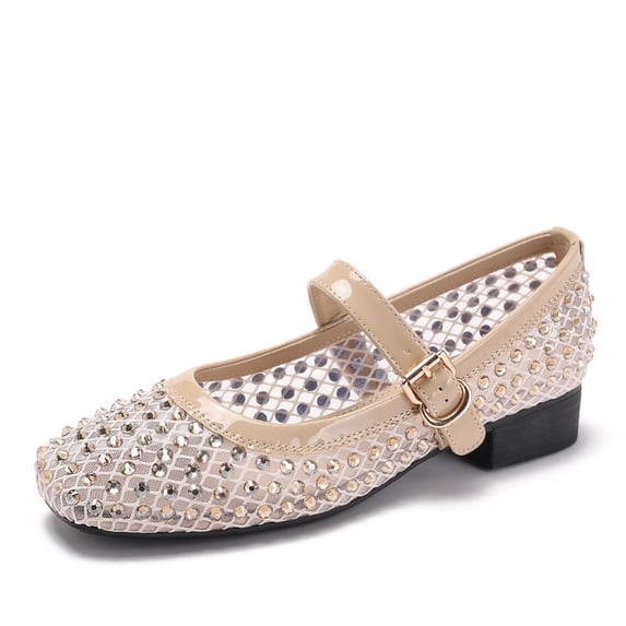2026 New Women's Beige Mesh Rhinestone Mary Jane Flats, Breathable ...