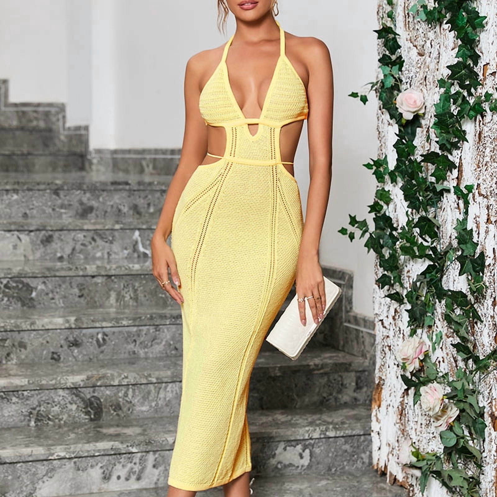 2026 New Women's Black Crochet Halter Neck Midi Dress with Cutout Waist ...