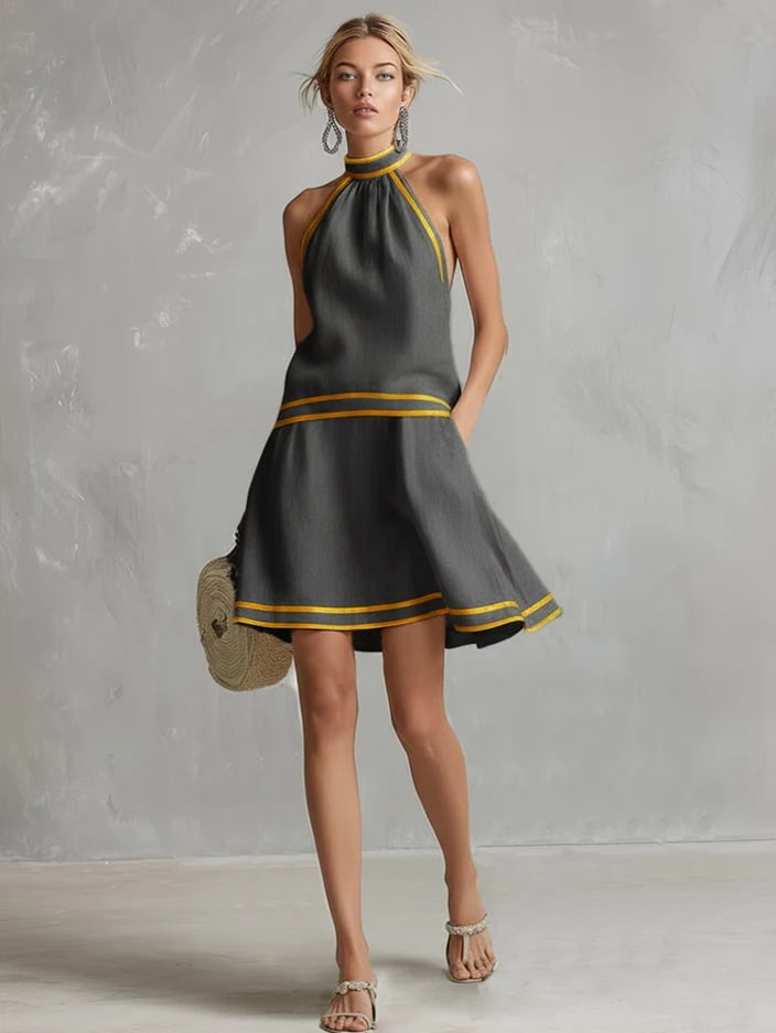2026 New Women's Black Halter Neck A-Line Mini Dress with White Trim ...