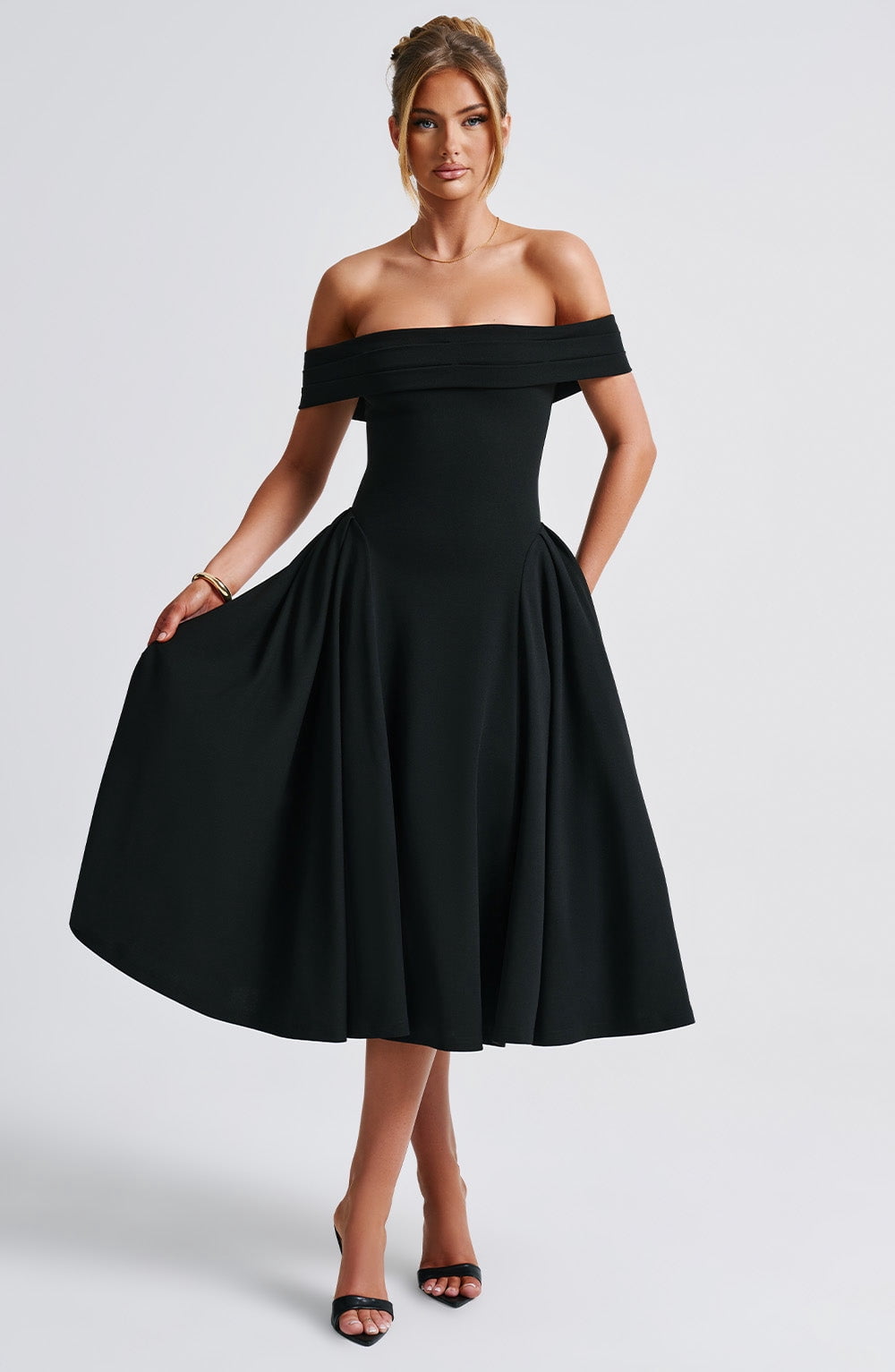 2026 New Women's Black Off-the-Shoulder Fit-and-Flare Midi Dress ...