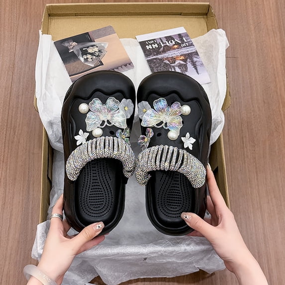 2026 New Women's Black Rhinestone & Butterfly Decorated Platform Slide ...
