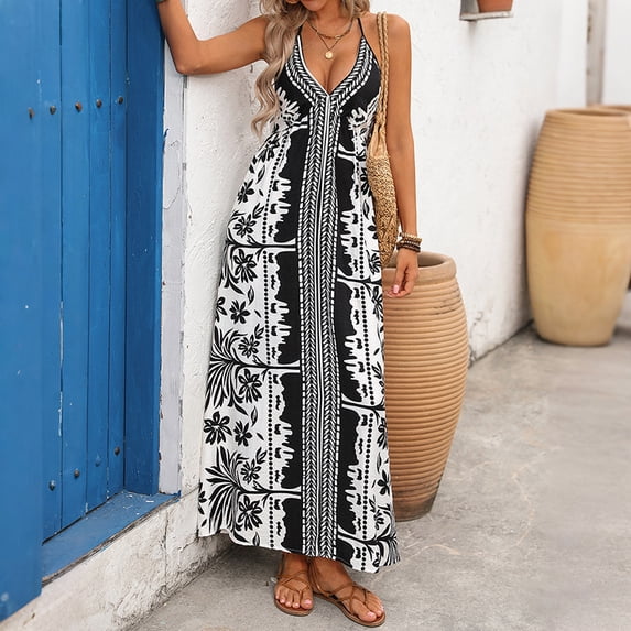 2026 New Women's Black White Boho Floral Print Halter Maxi Dress Deep V ...