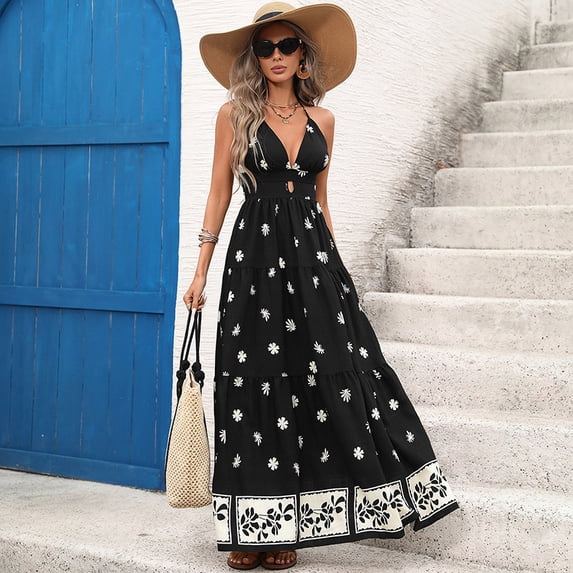 2026 New Women's Black White Daisy Print Halter Maxi Dress Deep V Neck ...