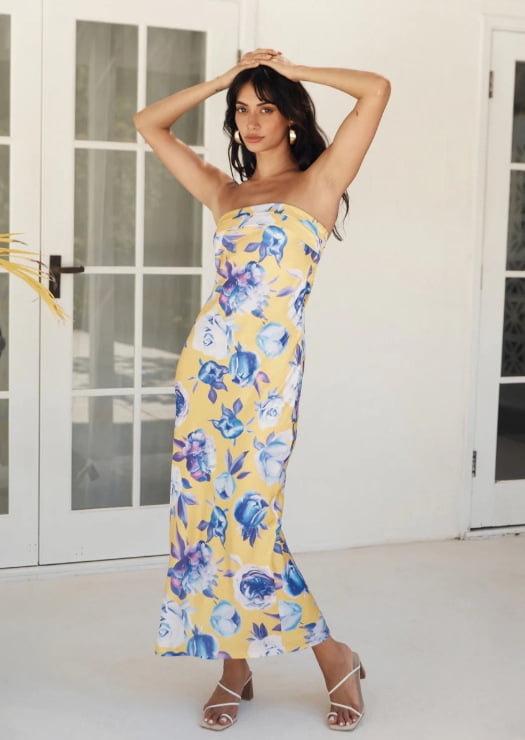 2026 New Women's Blue Orange Floral Print Strapless Tube Top Bodycon ...