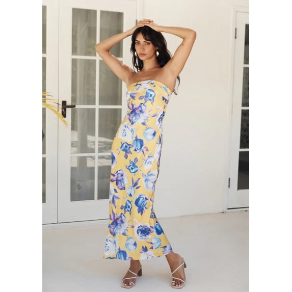 2026 New Women's Blue Orange Floral Print Strapless Tube Top Bodycon ...