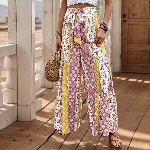 2026 New Women's Boho Floral Geometric Print Wide Leg Pants High Waist ...