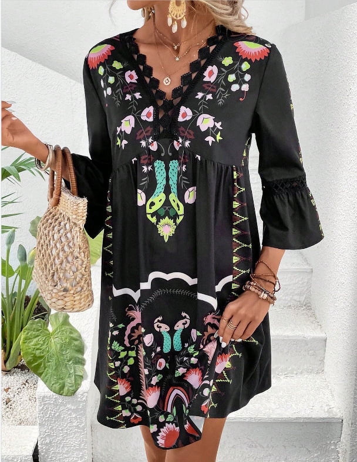 2026 New Women's Boho Floral Print Mini Dress, V-Neck Lace Trim 3/4 ...