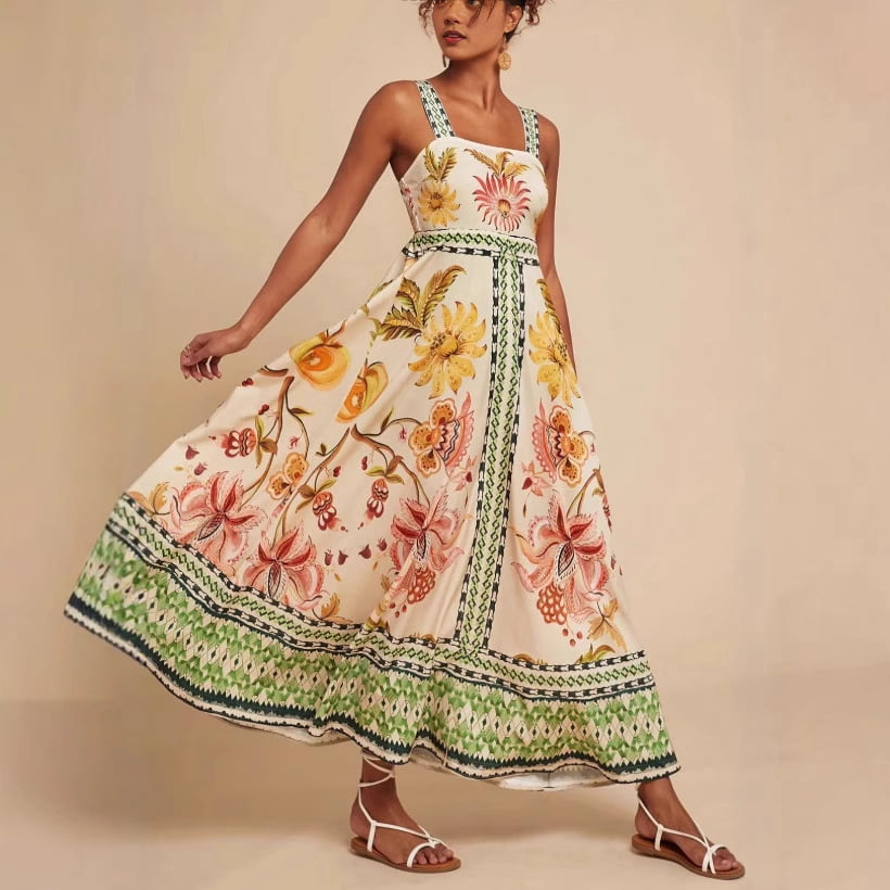 2026 New Women's Boho Tropical Floral Print Wide Strap Square Neck Maxi ...