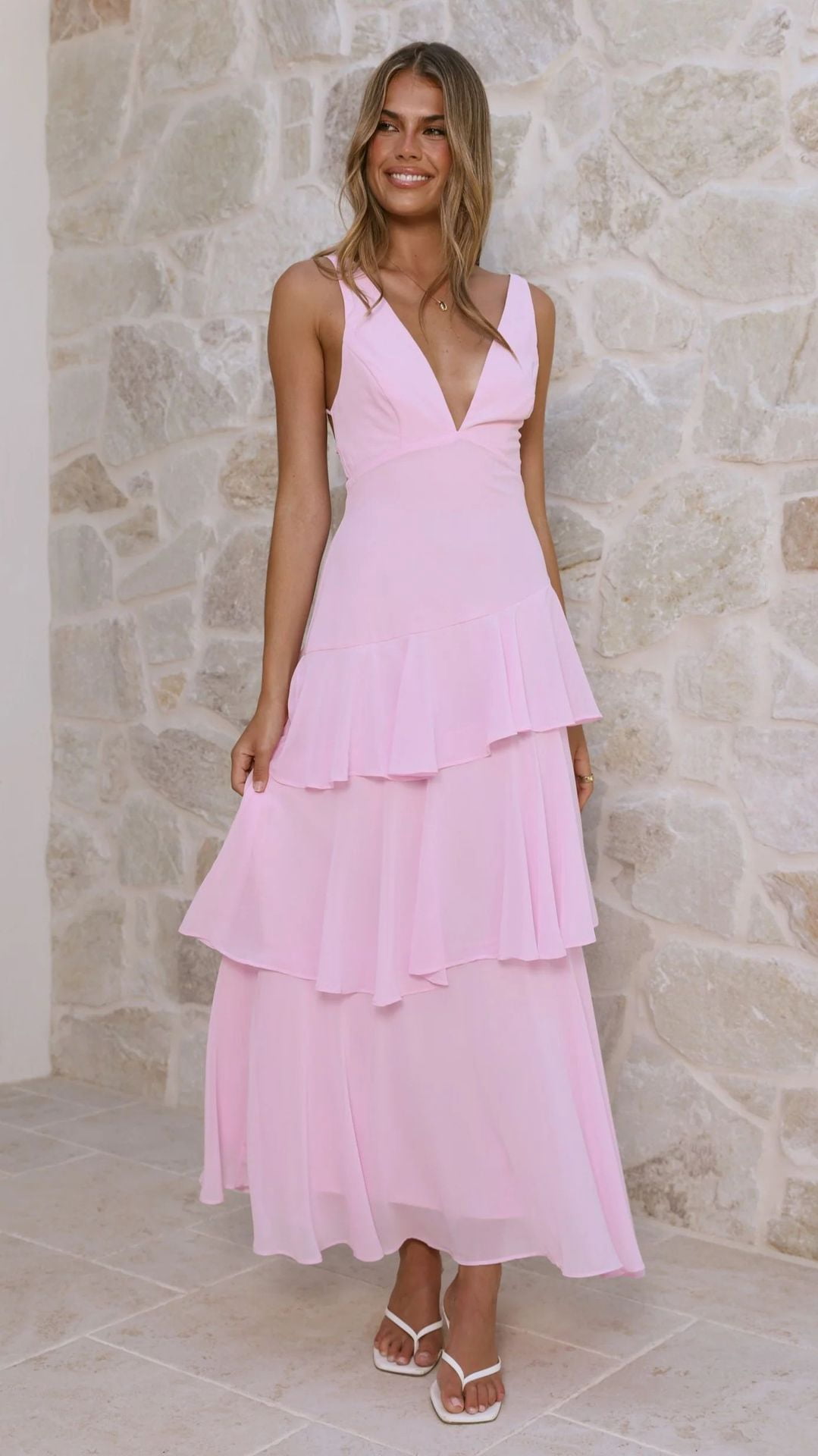 2026 New Women's Bright Yellow Tiered Ruffle Maxi Dress - Deep V-Neck ...