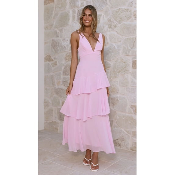 2026 New Women's Bright Yellow Tiered Ruffle Maxi Dress - Deep V-Neck ...