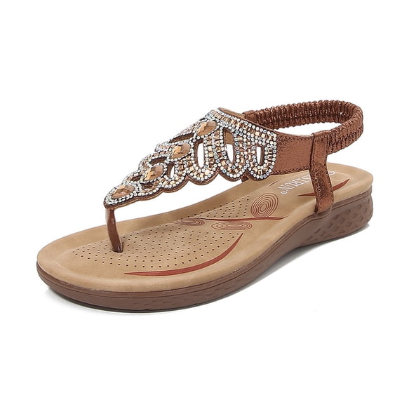 2026 New Women's Bronze Rhinestone Embellished Thong Sandals, Elastic ...