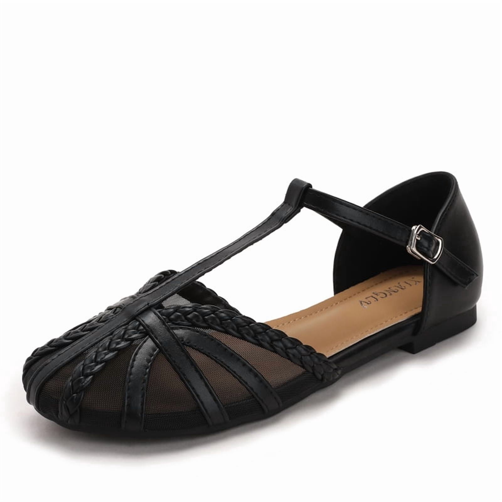 2026 New Women's Brown Mesh Braided Mary Jane Flats, Closed Toe T-Strap ...