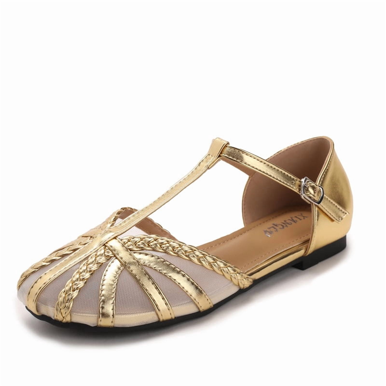 2026 New Women's Brown Mesh Braided Mary Jane Flats, Closed Toe T-Strap ...