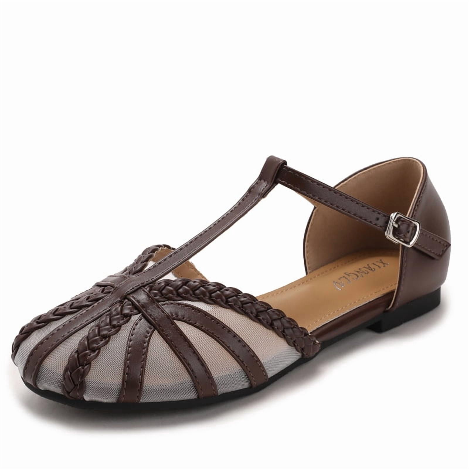 2026 New Women's Brown Mesh Braided Mary Jane Flats, Closed Toe T-Strap ...