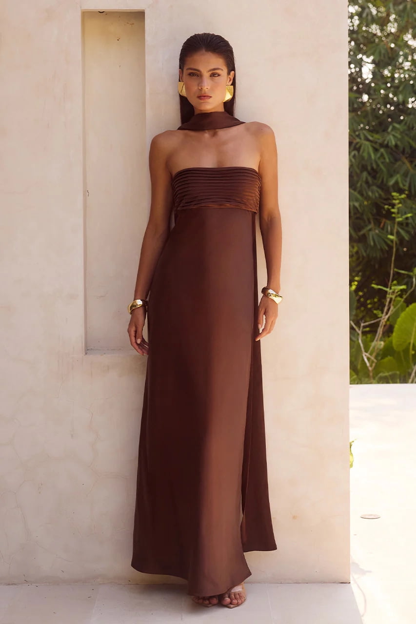 2026 New Women's Brown Satin Halter-Neck Maxi Dress with Pleated Bodice ...