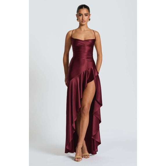 2026 New Women's Burgundy Satin Spaghetti Strap Maxi Dress Ruched High ...