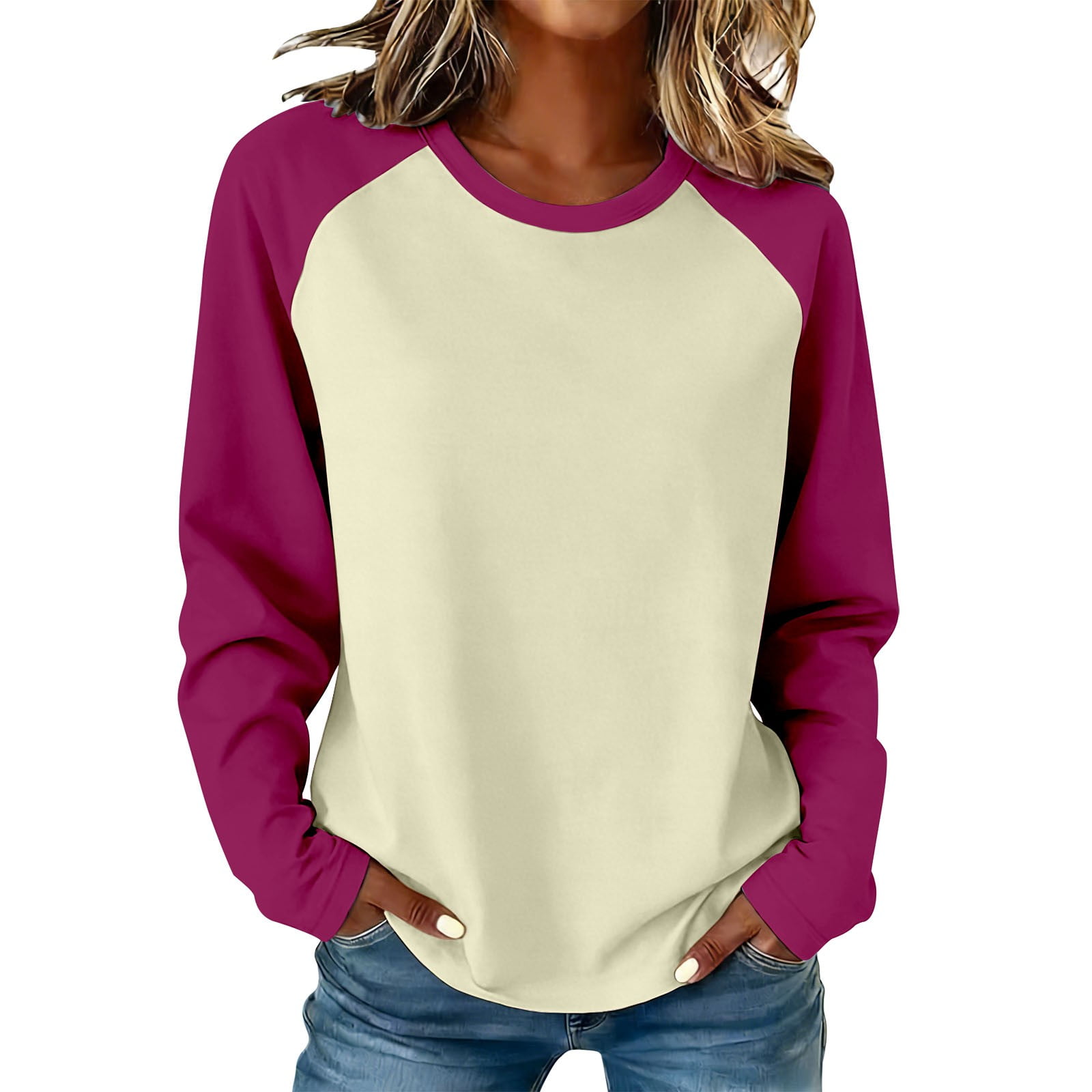2026 New!Women's Casual Oversized Long Sleeve O Neck Patchwork Tee ...