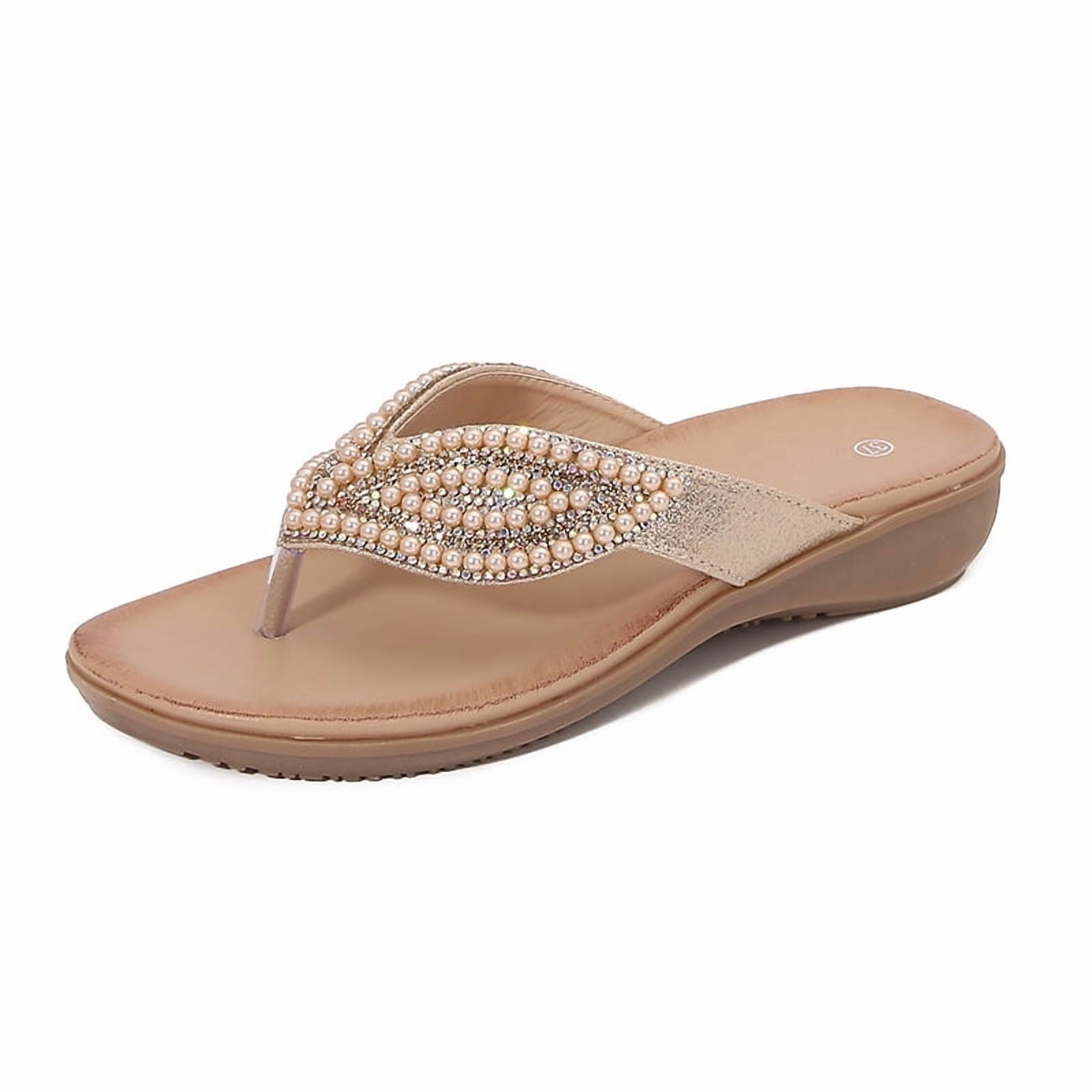 2026 New Women's Champagne Gold Pearl & Rhinestone Embellished Wedge ...