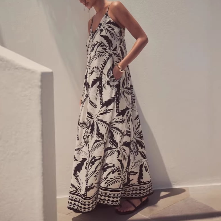 2026 New Women's Citrus Print Spaghetti Strap V-Neck Maxi Dress ...