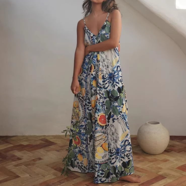 2026 New Women's Citrus Print Spaghetti Strap V-Neck Maxi Dress ...