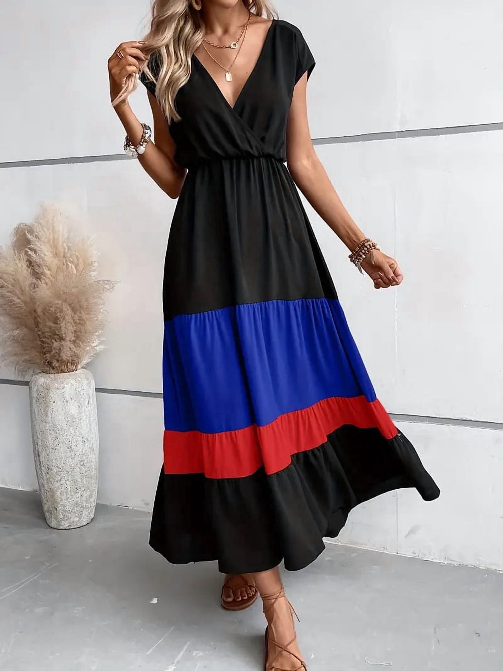 2026 New Women's Color Block Striped Deep V Neck Cap Sleeve Tiered ...