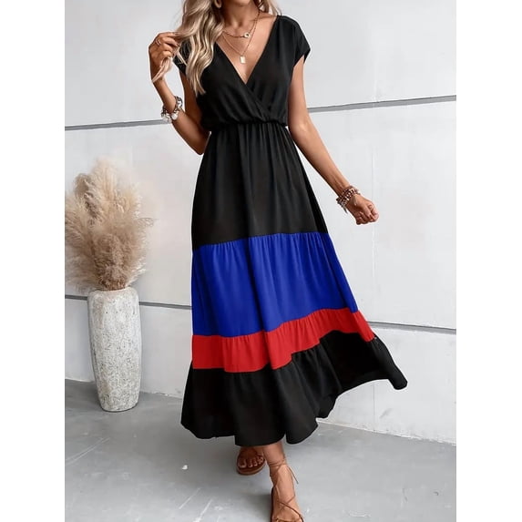 2026 New Women's Color Block Striped Deep V Neck Cap Sleeve Tiered ...