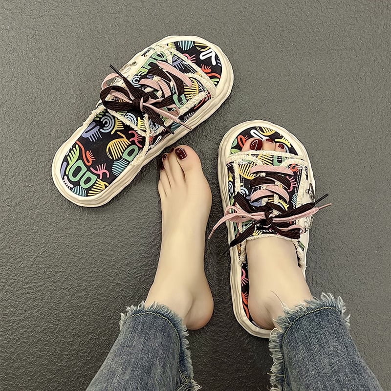 2026 New Women's Colorful Graffiti Print Slip-On Canvas Slides, Open ...