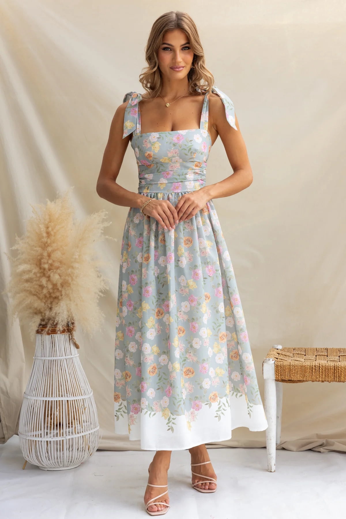2026 New Women's Dusty Blue Floral Tie-Shoulder Midi Dress, Square Neck ...