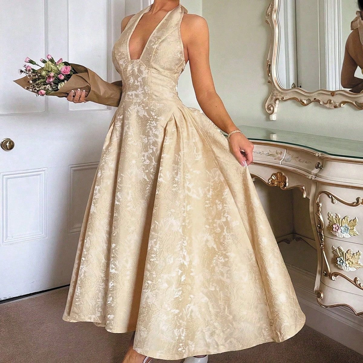 2026 New Women's Dusty Pink Embossed Satin Halter Deep V Midi Dress ...