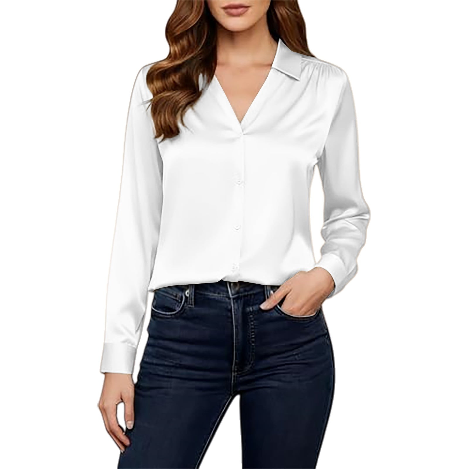 2026 New!Women's Elegant Long Sleeve Satin Blouse With Pleated V Neck ...