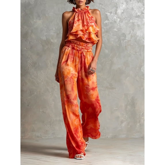 2026 New Women's Floral Print Halter 2-Piece Outfit, Ruffled Crop Top ...