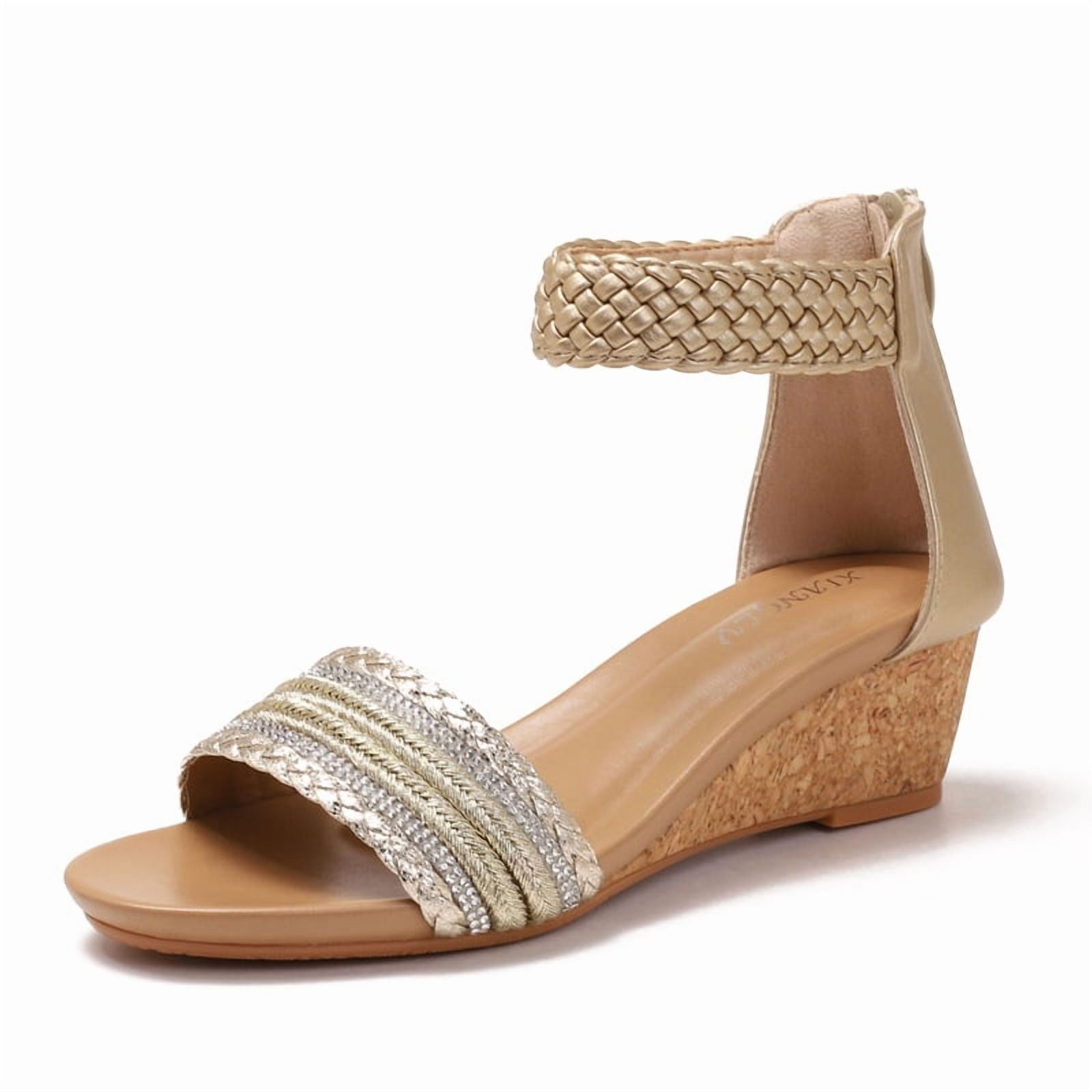 2026 New Women's Gold Braided Rhinestone Wedge Sandals, Open Toe Cork ...