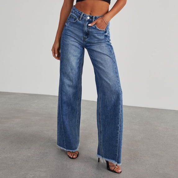 2026 New Women's High Waist Raw Hem Wide Leg Jeans Vintage Washed Blue ...