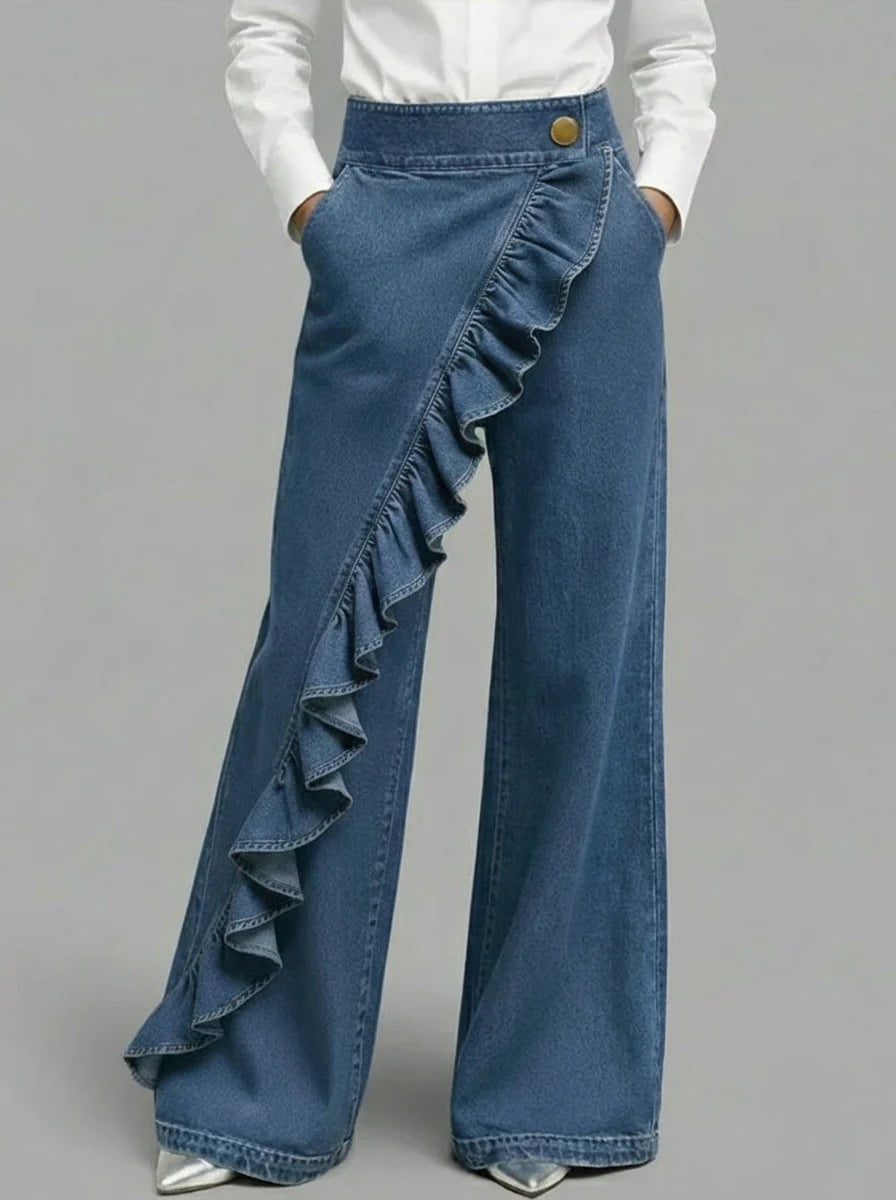 2026 New Women's High Waist Wide Leg Jeans Diagonal Ruffle Trim Light ...