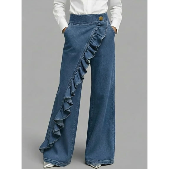 2026 New Women's High Waist Wide Leg Jeans Diagonal Ruffle Trim Light ...