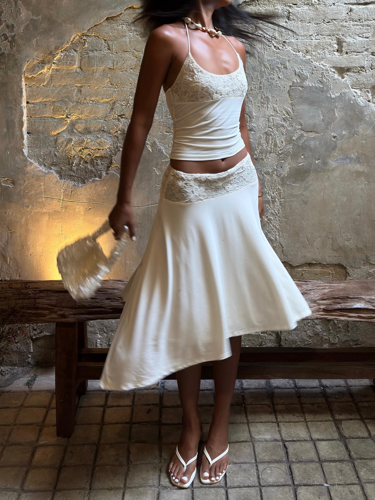 2026 New Women's Lace Trim Halter Crop Top and Asymmetrical Midi Skirt ...