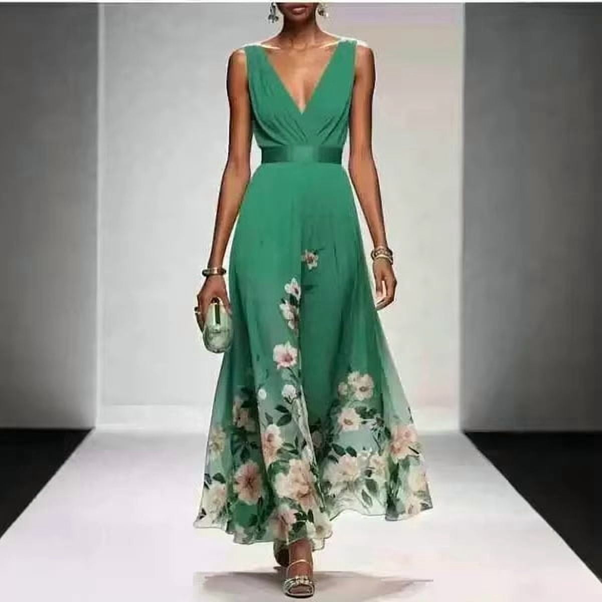 2026 New Women's Light Blue Floral Print Deep V Neck Sleeveless Chiffon ...