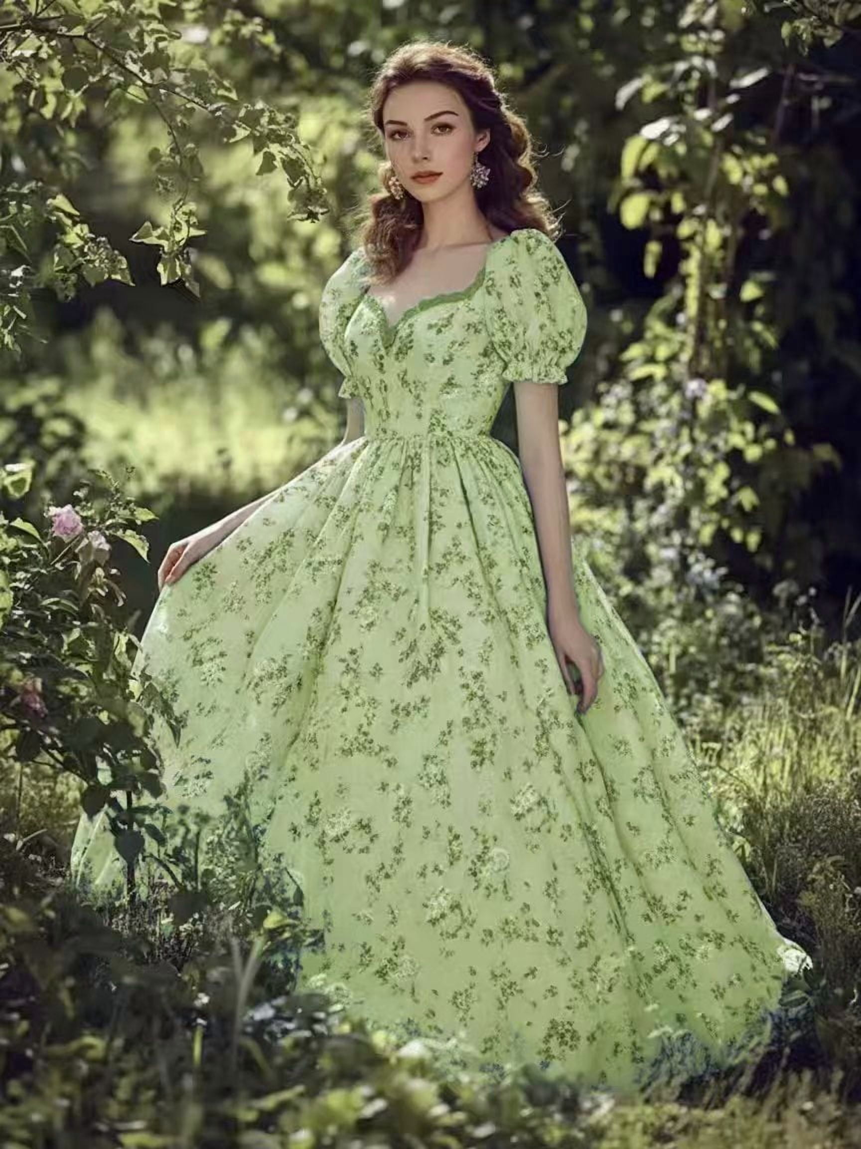 2026 New Women's Light Blue Floral Puff Sleeve Ball Gown Vintage ...
