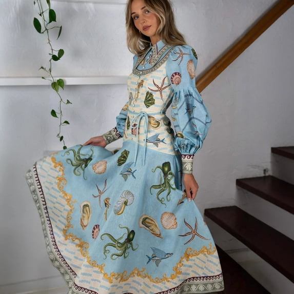 2026 New Women's Light Blue Ocean Creature Print Maxi Dress Puff Sleeve ...