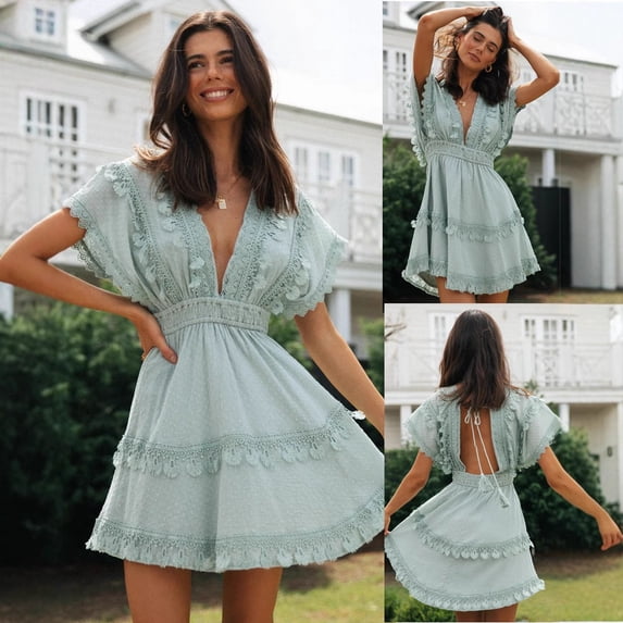 2026 New Women's Mint Green Lace Trim Deep V-Neck Backless Tie-Back A ...
