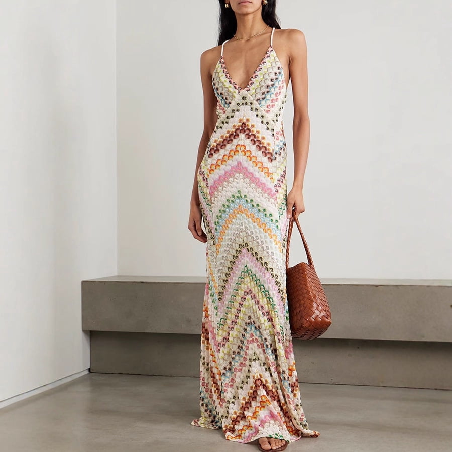 2026 New Women's Multicolor Crochet Halter Maxi Dress, V-Neck ...