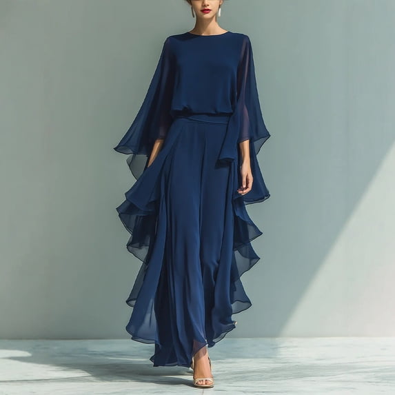 2026 New Women's Navy Flowy Wide Sleeve 2 Piece Outfits Round Neck High ...