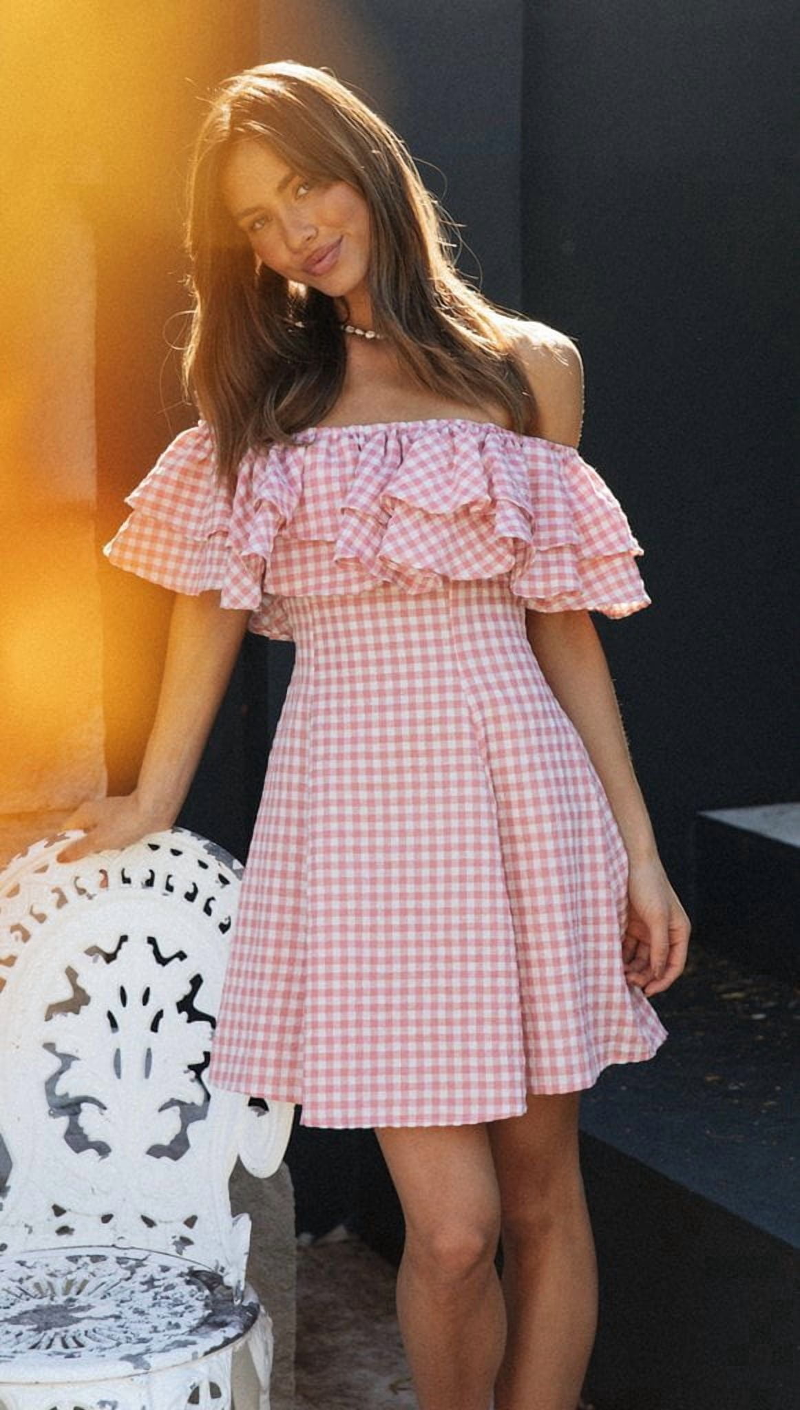 2026 New Women's Off Shoulder Gingham Mini Dress, Ruffle Tiered Short ...